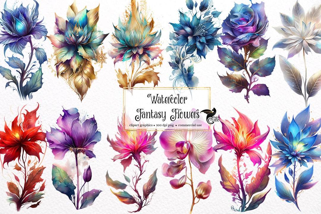 Watercolor Fantasy Flowers Clipart - Floral Fantasy PNG Format Instant ...