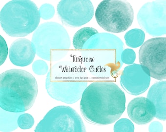 Watercolor Clipart Circles and Frames (48 Pc) Teal Aqua Turquoise Green ...
