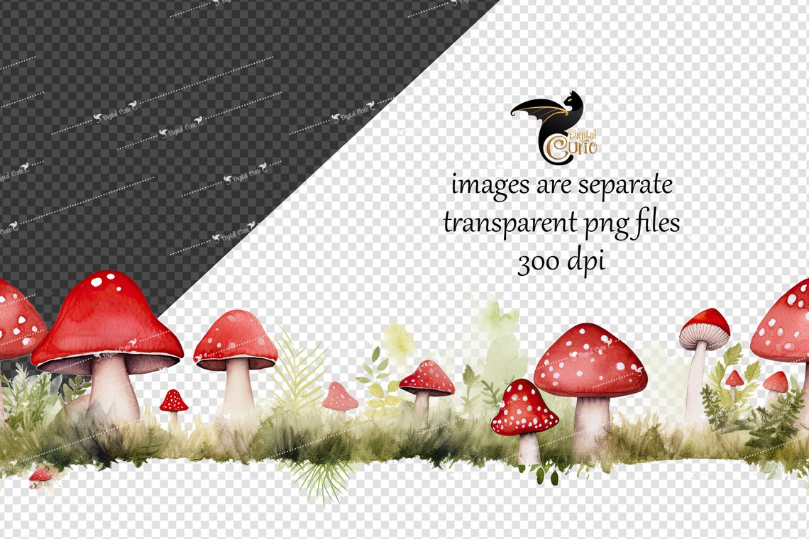 Watercolor Mushroom Borders Clipart – Seamless Botanical PNG (digital ...