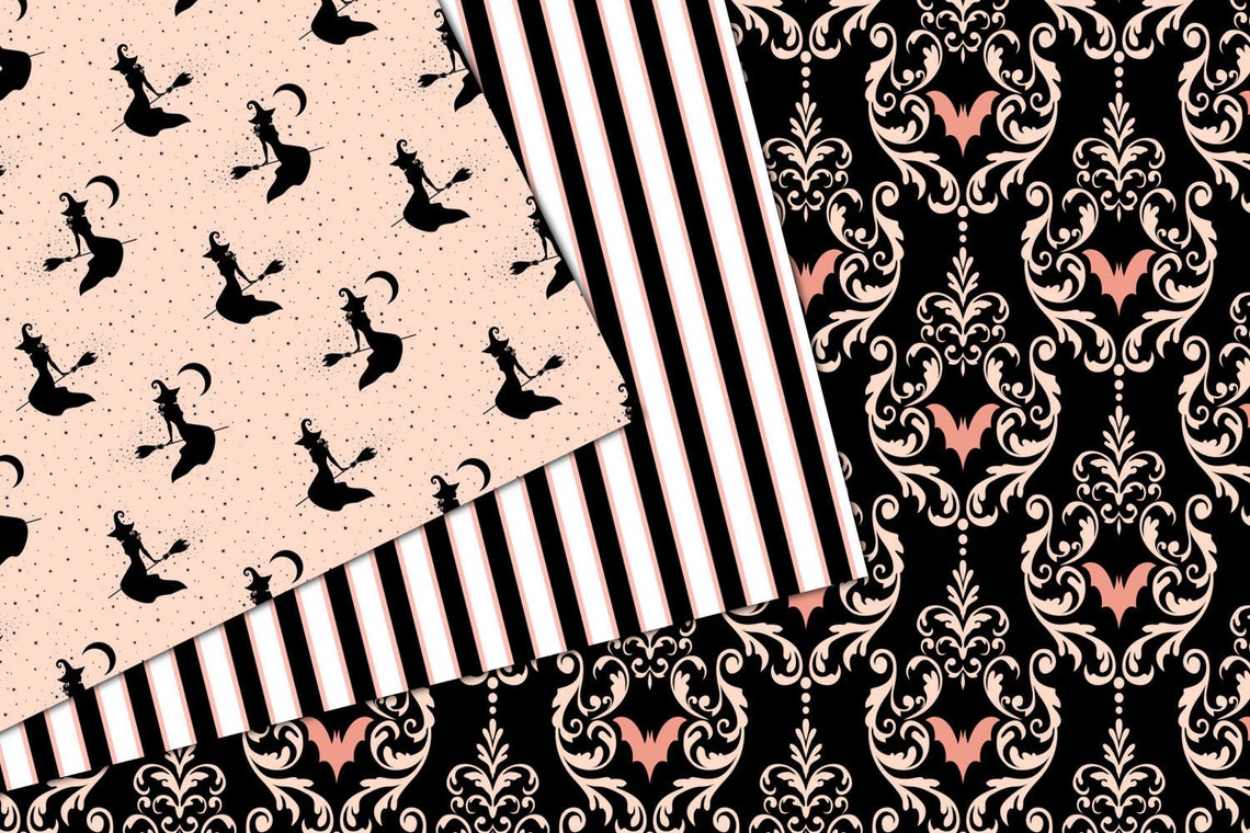 Peach and Black Halloween Digital Paper Seamless Witch and - Etsy