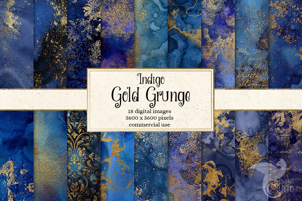 Indigo Gold Grunge Digital Paper Blue and Gold Watercolor - Etsy