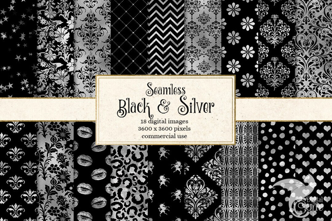 Black and Silver Digital Paper, Silver Foil and Black Pattern ...