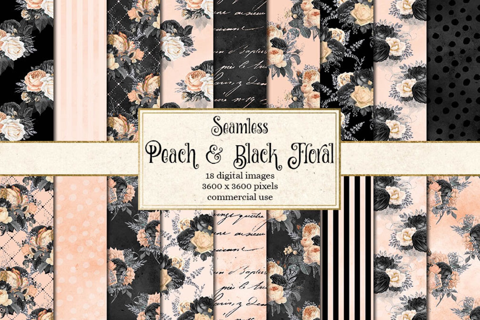 Peach and Black Floral Digital Paper Shabby Black and Blush - Etsy