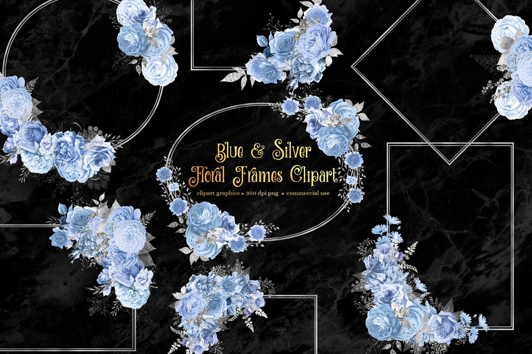 Blue Floral Frames Clipart, Silver Glitter, Geometric (digital Download ...