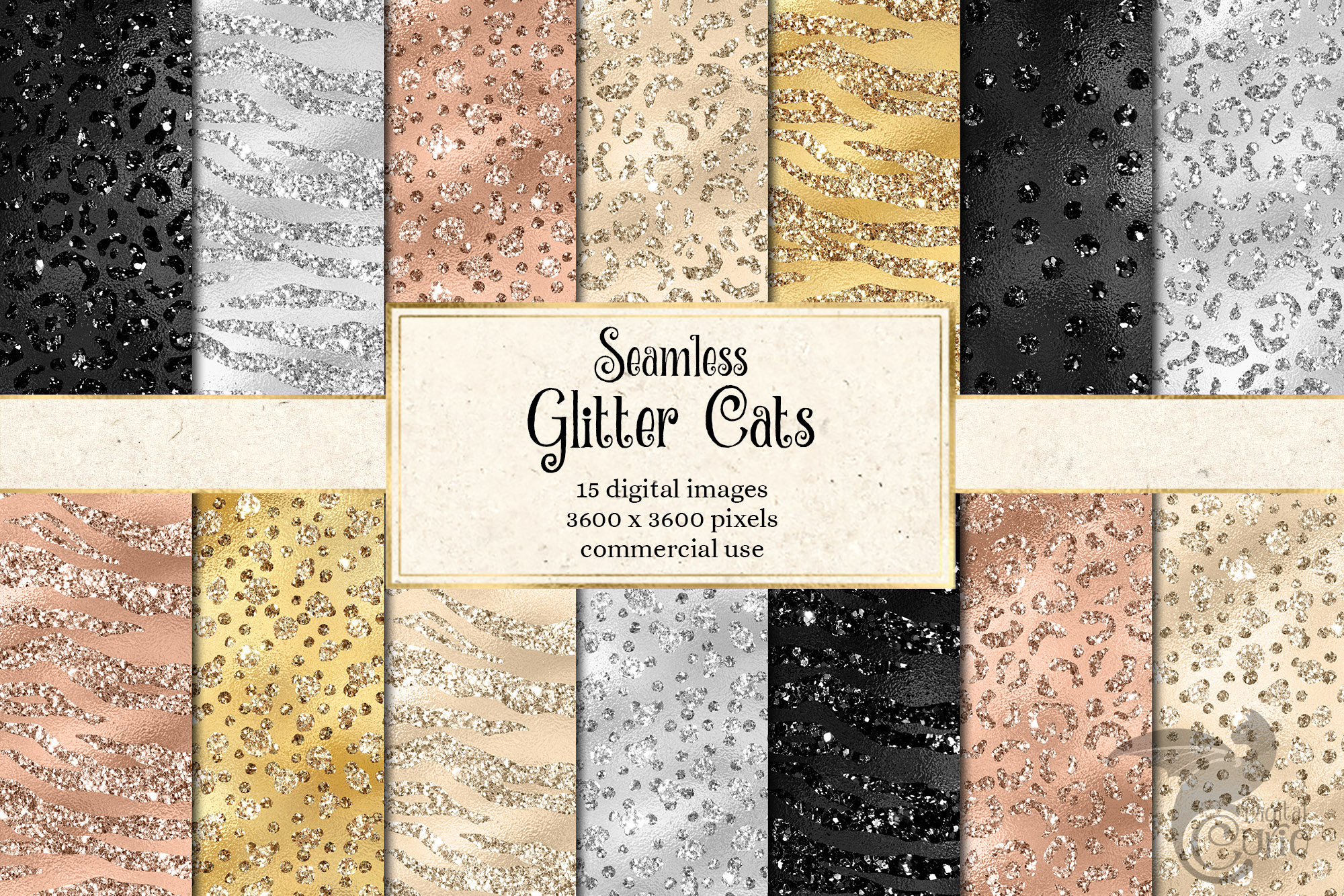 Glitter Animal Print Digital Paper, Seamless Cheetah Leopard Tiger (JPG ...
