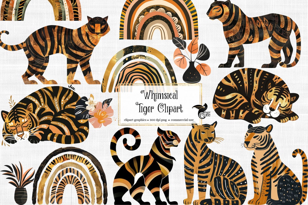 Whimsical Tiger Clipart - Cute Tiger Rainbows and Flowers PNG Format ...