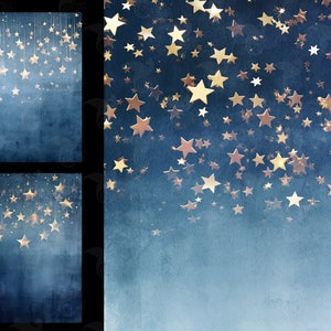 Blue Grunge Stars Digital Paper, Golden Starry Night Texture (digital ...