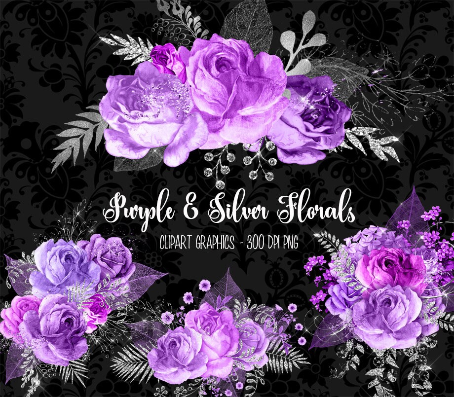 Purple and Silver Floral Clip Art digital instant download | Etsy
