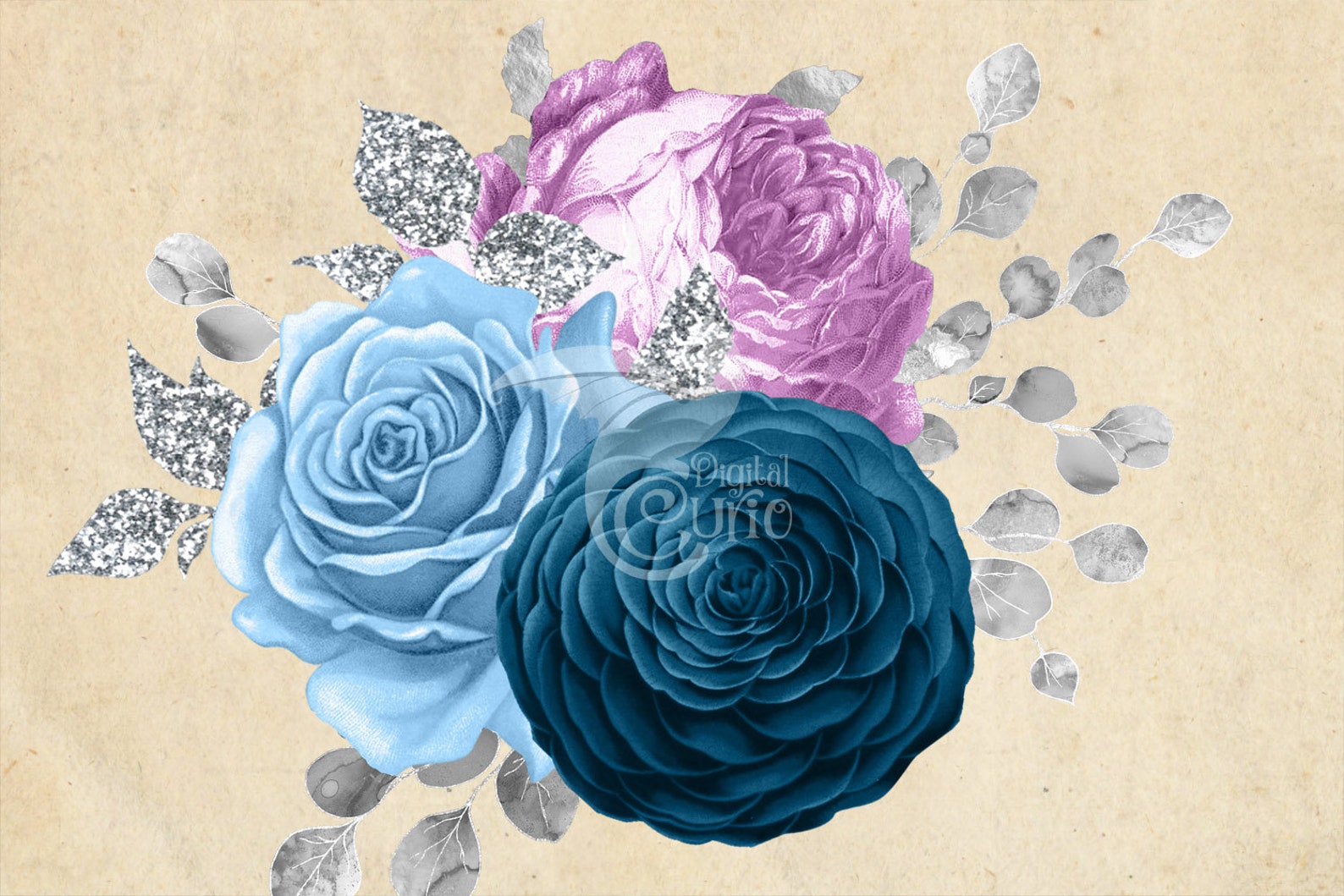 Blue Purple and Silver Floral Clip Art Digital Download - Etsy