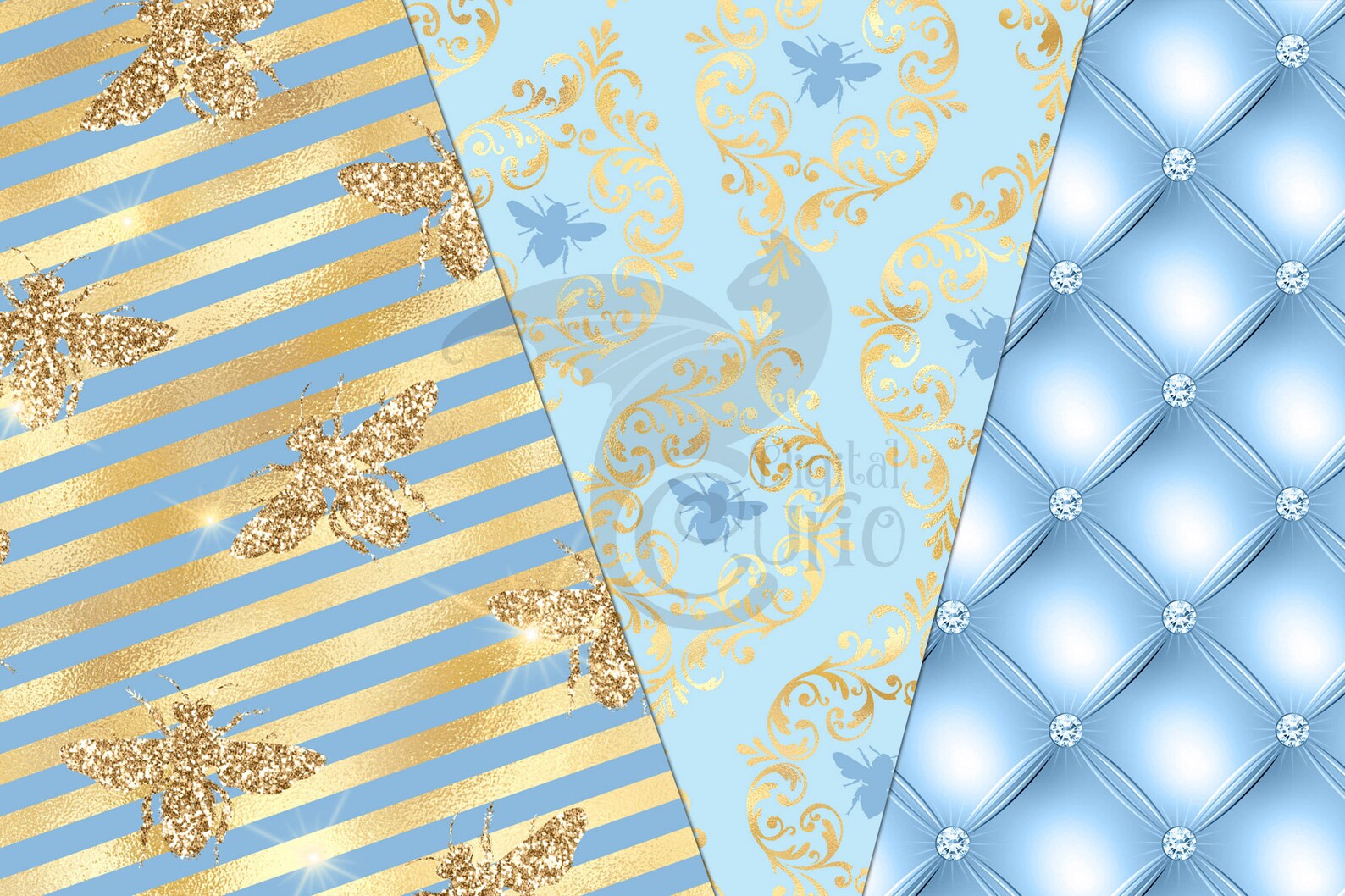 Blue and Gold Bee Digital Paper Baby Blue and Gold Honey Bee - Etsy