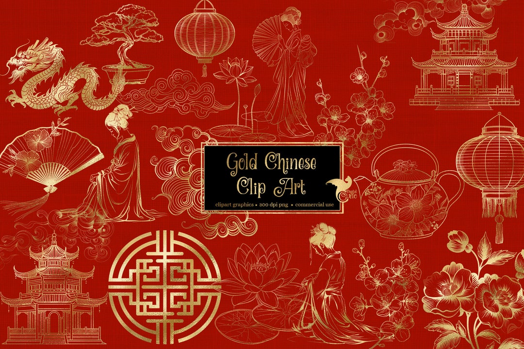 Gold Chinese Clip Art - China Clip Art Line Art Style Line Art Floral ...