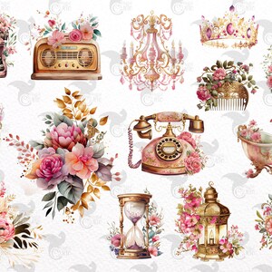 Watercolor Pink Antique Clipart - Vintage Shabby PNG Format Instant ...