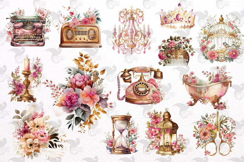 Watercolor Pink Antique Clipart Vintage Shabby PNG Format - Etsy