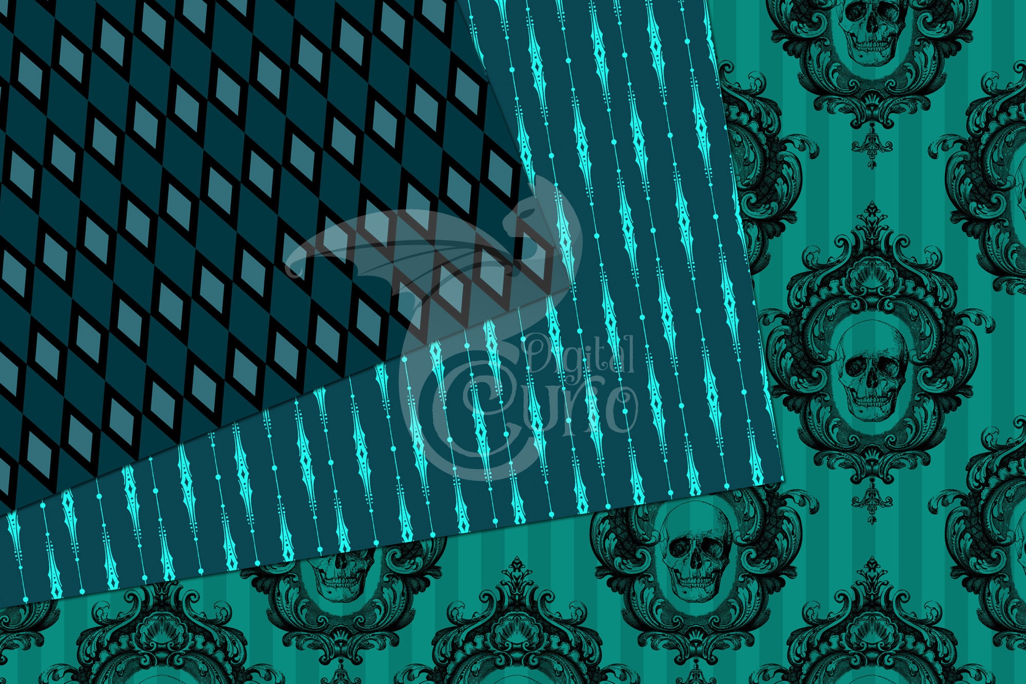 Teal Gothic Digital Paper Seamless Skull Damask Halloween | Etsy