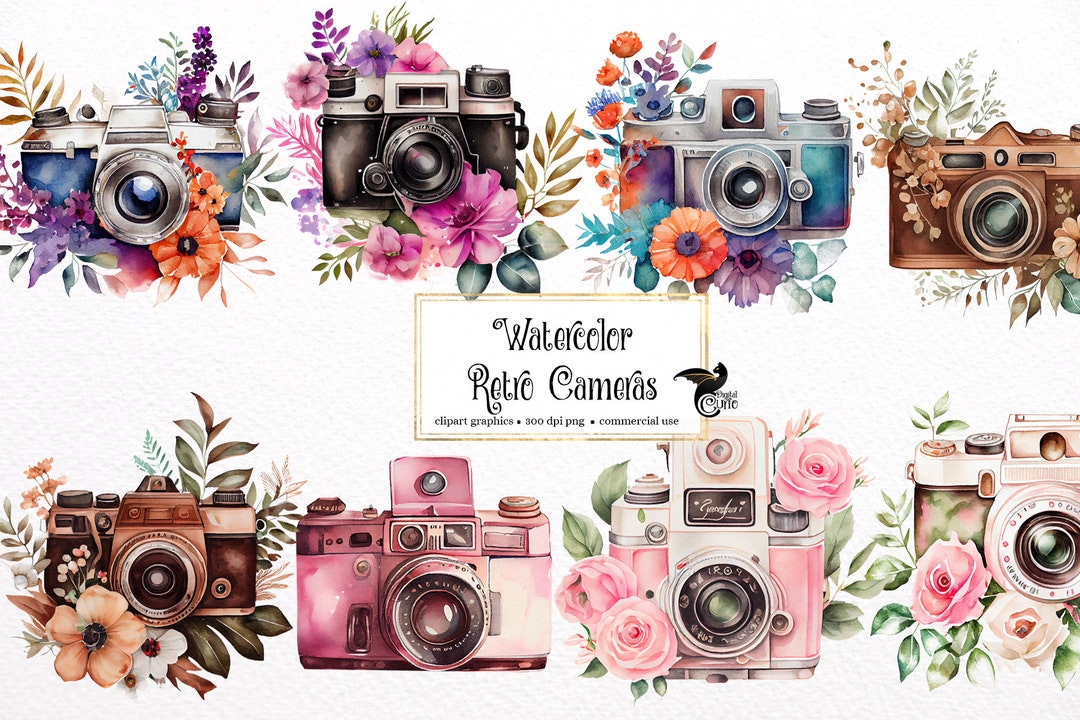 Watercolor Retro Cameras Clipart - Vintage Floral Shabby Cameras in PNG ...
