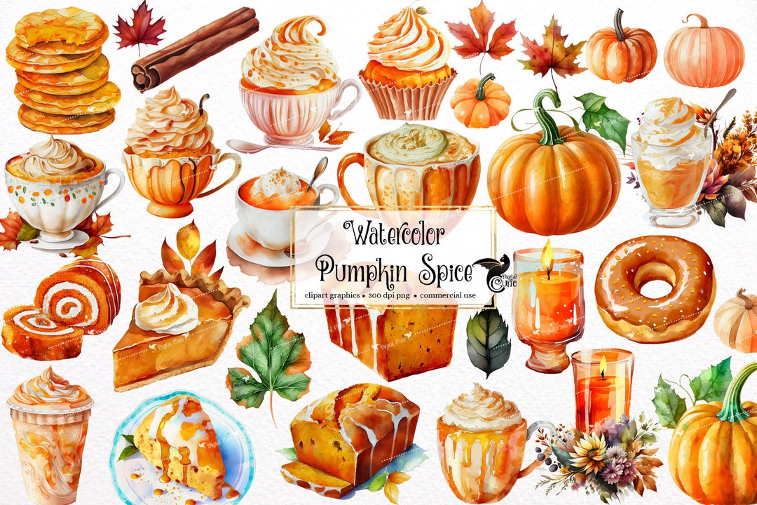 Watercolor Pumpkin Spice Clipart, Autumn and Fall Holiday Treats ...