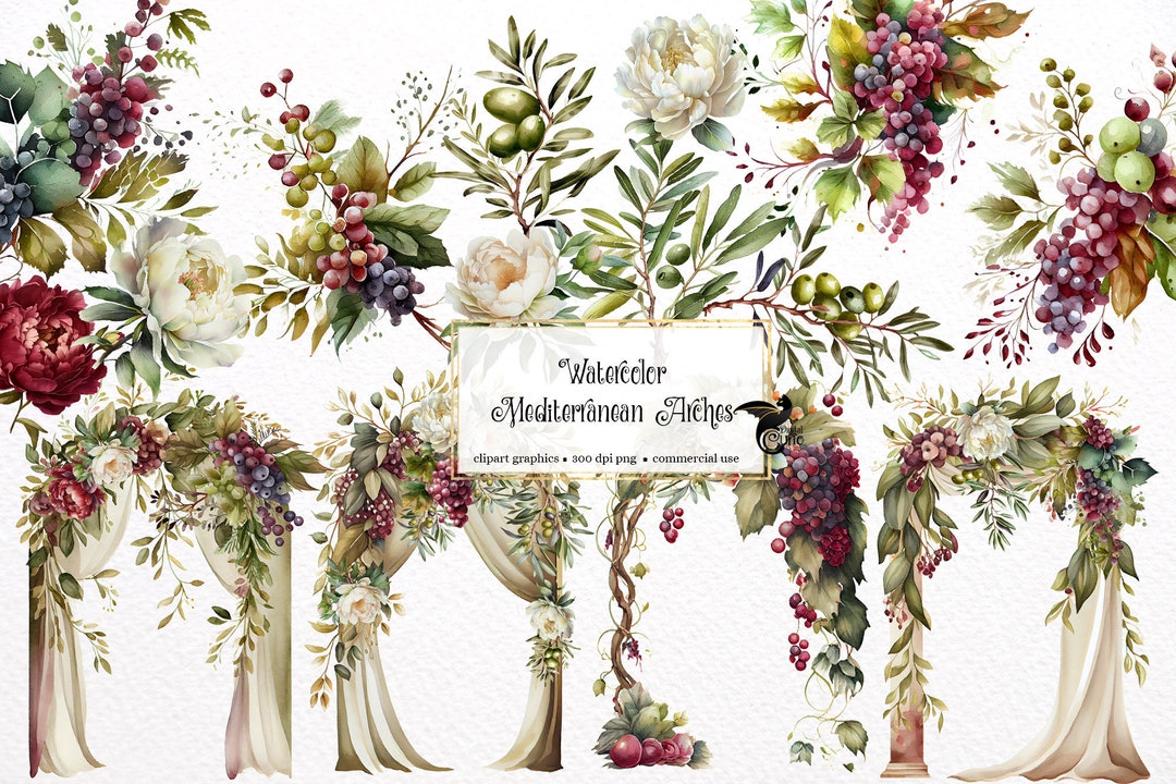 Watercolor Mediterranean Arches Clipart - Floral Olive Branch and Grape ...