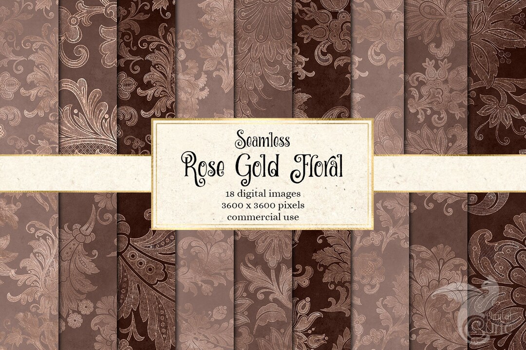 Rose Gold Floral Digital Paper, Seamless Floral Damask Patterns in ...