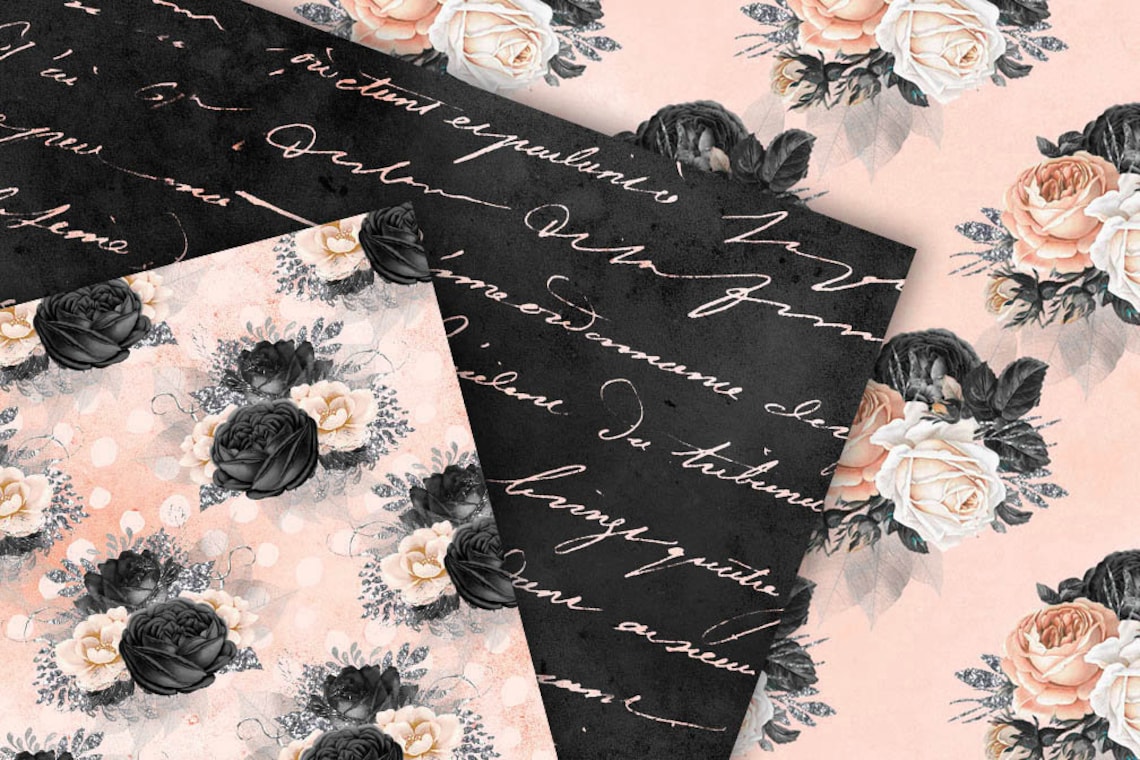 Peach and Black Floral Digital Paper, Seamless Vintage Flower Patterns ...