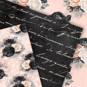 Peach and Black Floral Digital Paper, Seamless Vintage Flower Patterns ...