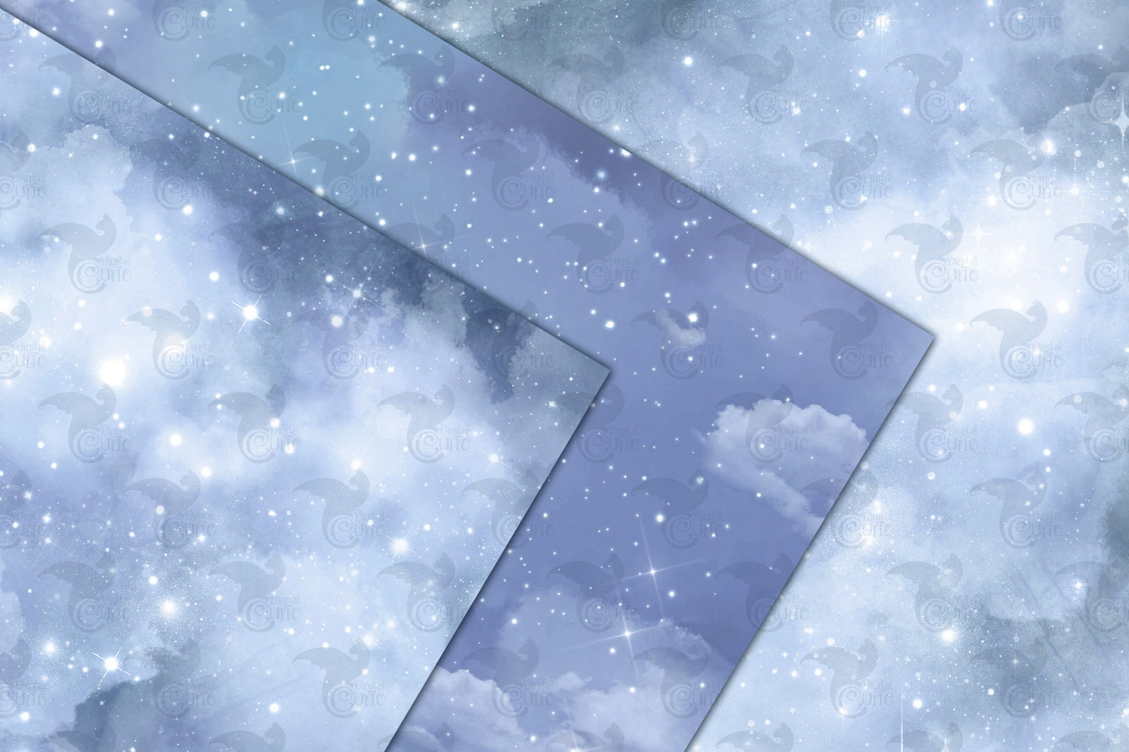 Blue Cloudy Skies Digital Paper - Stars and Clouds Galaxy Background ...