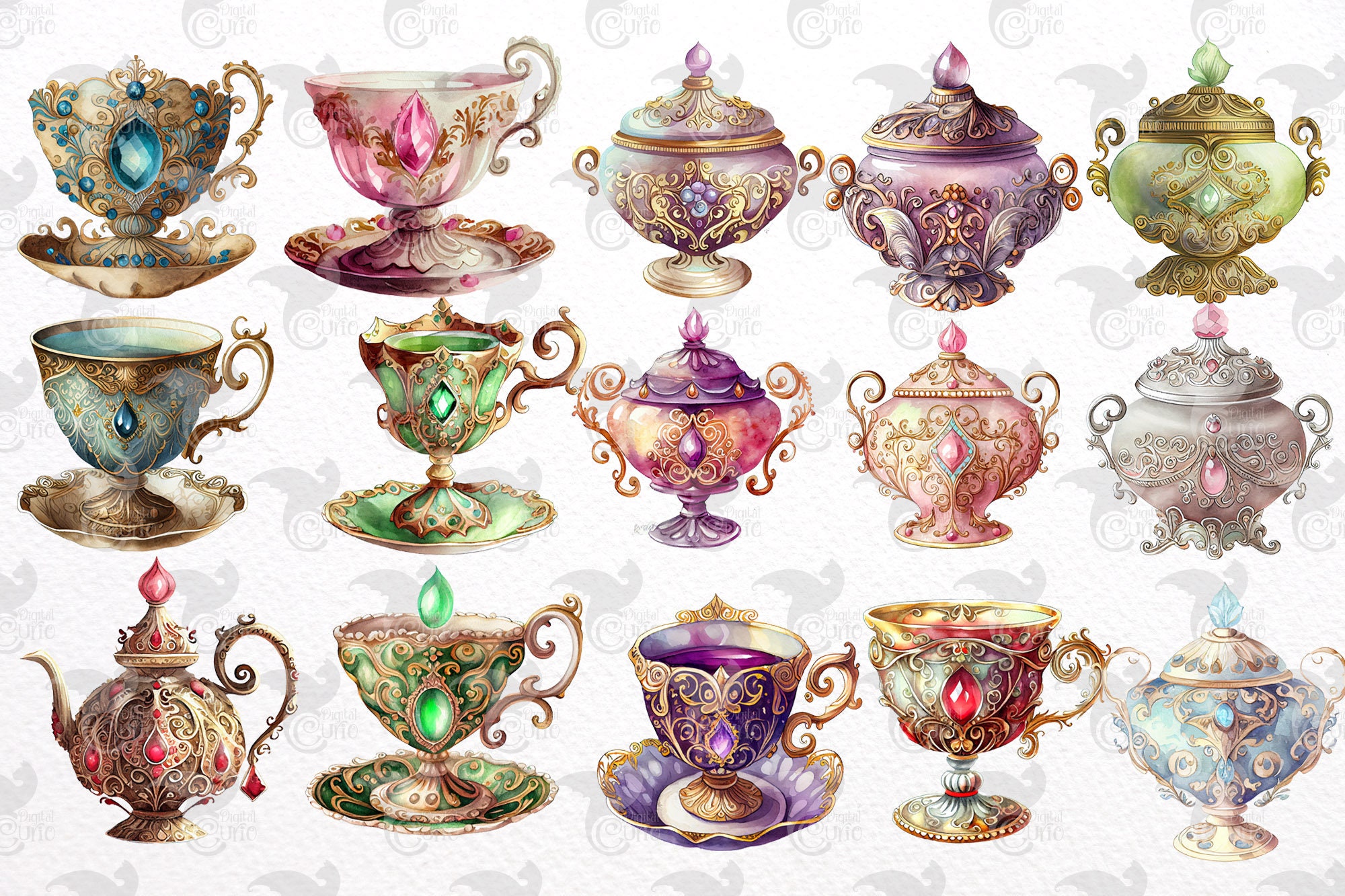 Watercolor Royal Tea Clipart Fancy Ornate Jewel Teacups and - Etsy