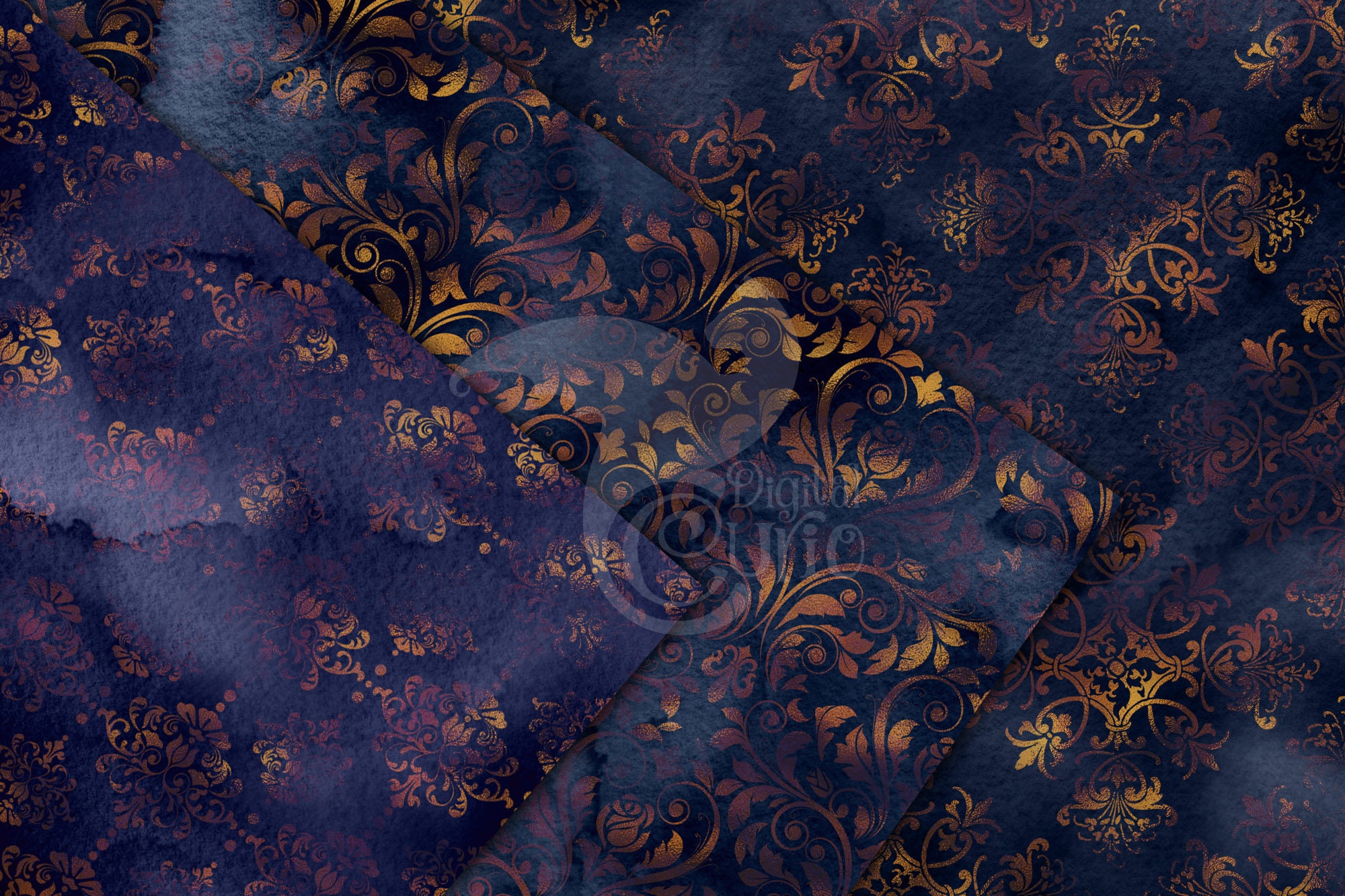 Watercolor Copper Damask Digital Paper - Seamless Patina Shimmer ...