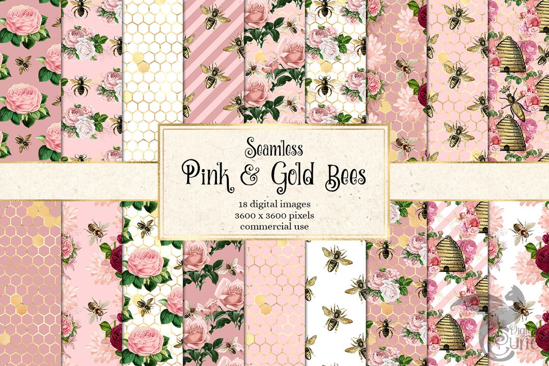 Pink and Gold Bees Digital Paper - Seamless Vintage Bee Patterns ...