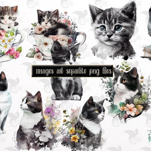 Watercolor Black and White Cats Clipart - Cute Floral Cats and Kittens ...