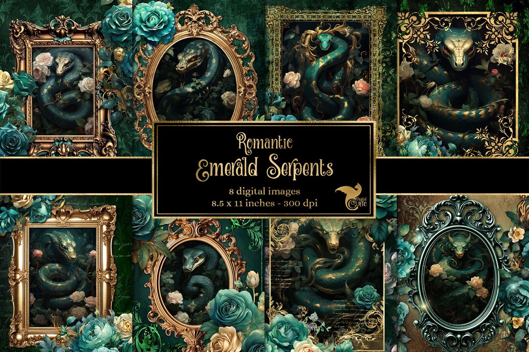 Romantic Emerald Serpents Journal Paper, Notebook Digital Paper Rococo ...