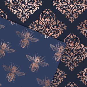 Rose Gold and Navy Digital Paper, Royal Seamless Rose Gold Patterns ...