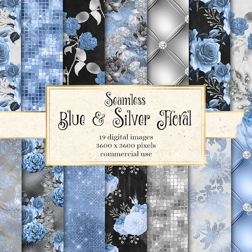 Royal Blue and Silver Floral Digital Paper Seamless Blue Rose - Etsy