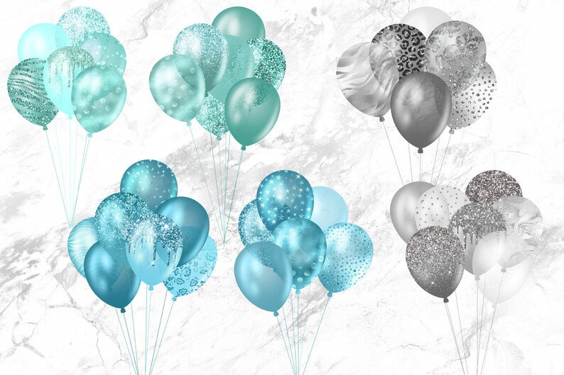Turquoise Glitter Balloons Clipart, Aqua Silver Party PNG (digital ...
