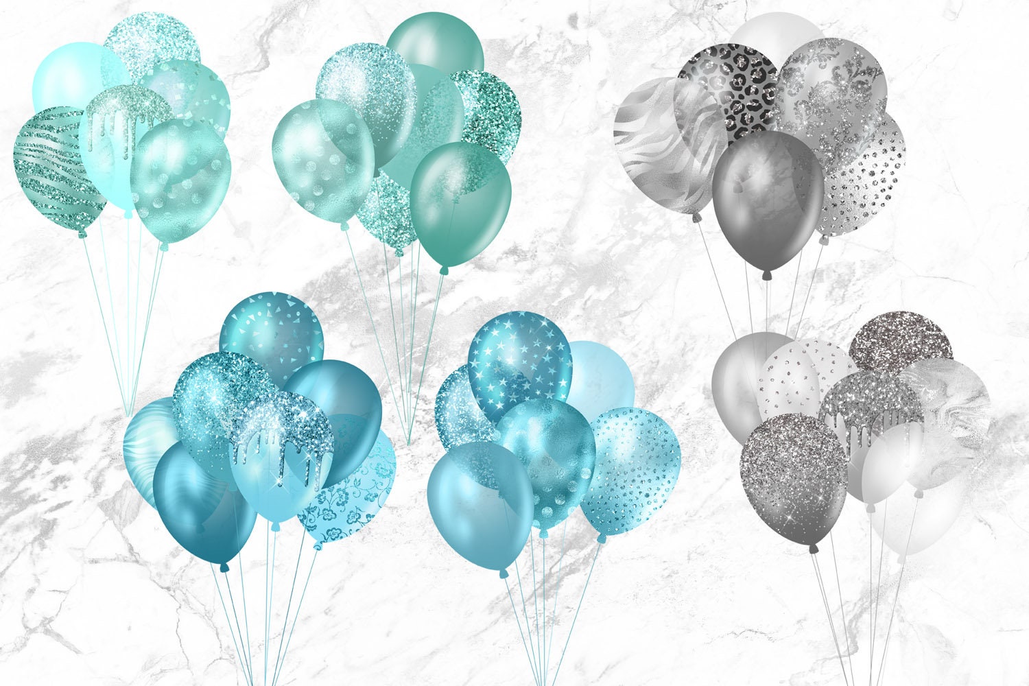 Turquoise Glitter Balloons Clipart Teal Aqua and Silver - Etsy
