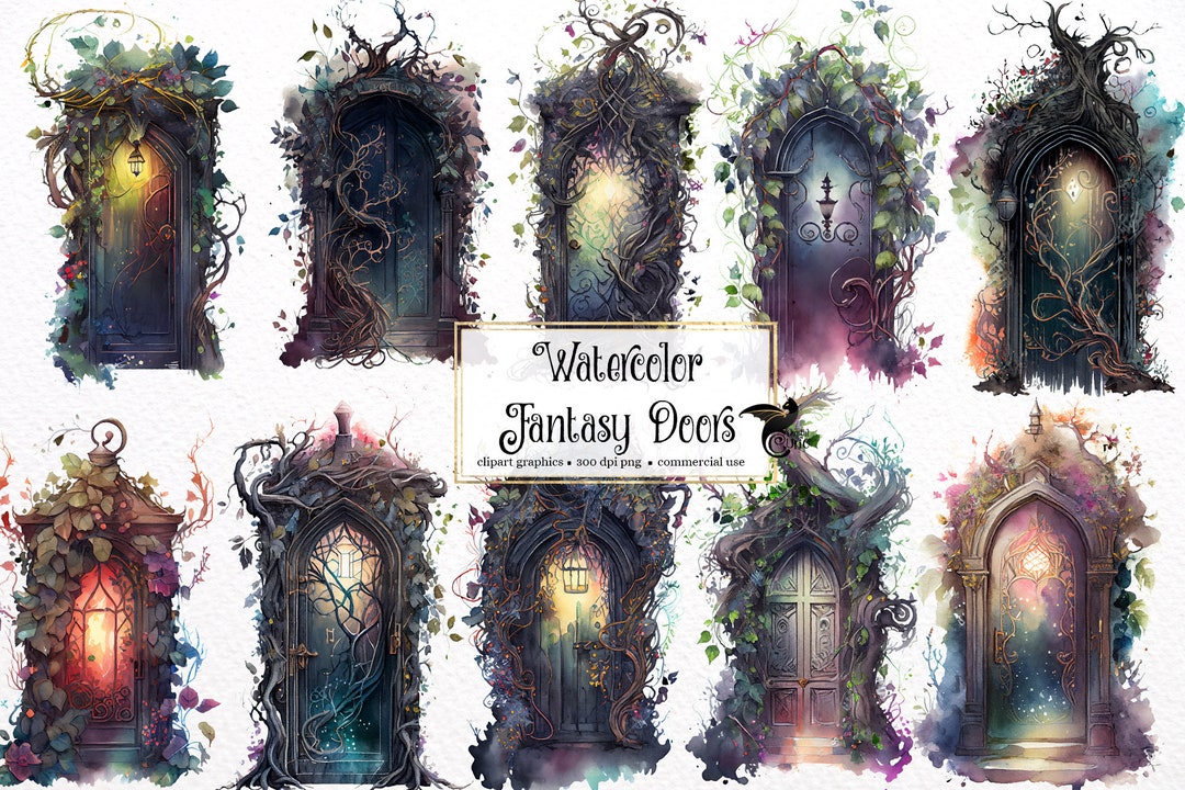 Watercolor Fantasy Doors Clipart - Floral Magic Door Watercolor PNG ...