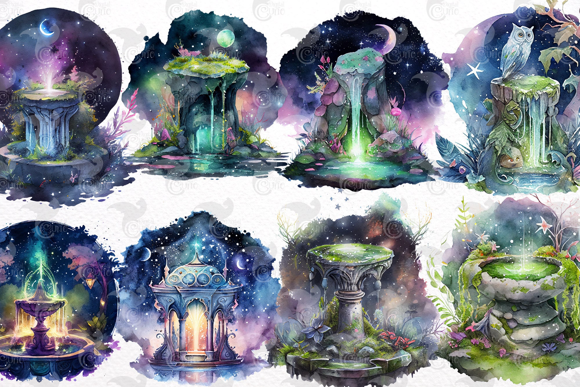 Watercolor Fantasy Fountains Clipart - Fairy Garden Fountain PNG Format ...