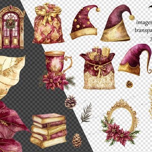 Burgundy and Gold Christmas Clipart - Watercolor Holiday Graphics (PNG ...