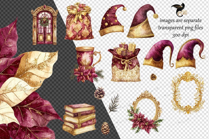 Burgundy and Gold Christmas Clipart - Watercolor Holiday Graphics (PNG ...