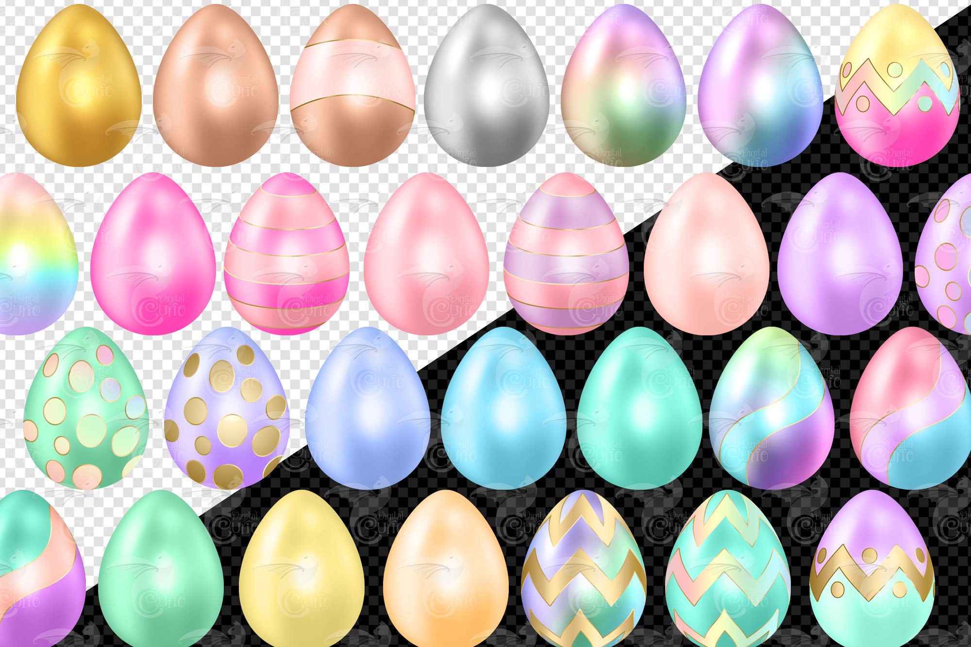 Easter Eggs Clipart, Pastel Rainbow and Gold Eggs Instant Download for ...