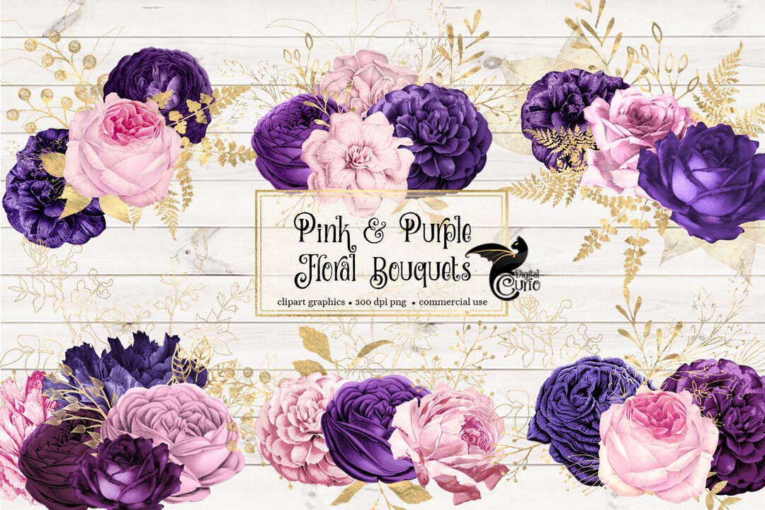 Pink and Purple Floral Bouquets Clipart, Digital Instant Download Pink ...
