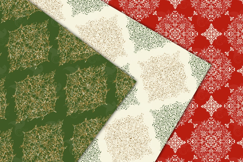 Christmas Damask Digital Paper, Vintage Seamless Holiday Backgrounds ...