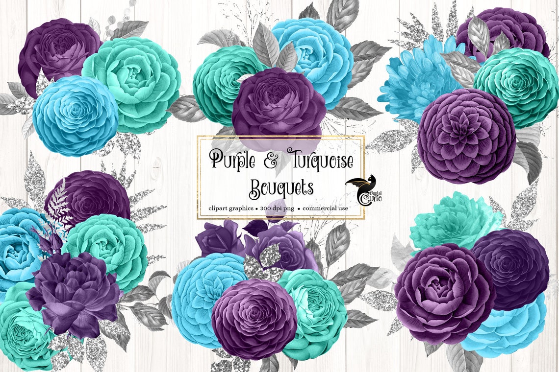 Purple and Turquoise Bouquets Clipart Digital Floral - Etsy