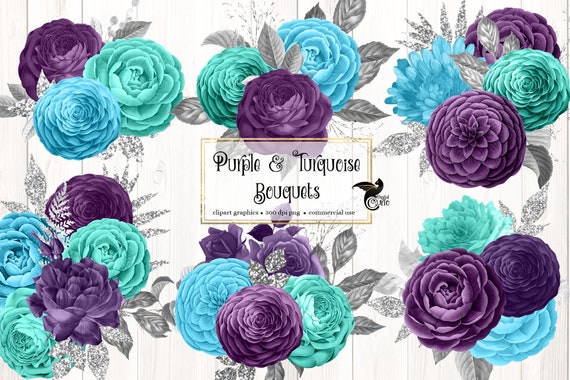 Purple and Turquoise Bouquets Clipart Digital Floral - Etsy