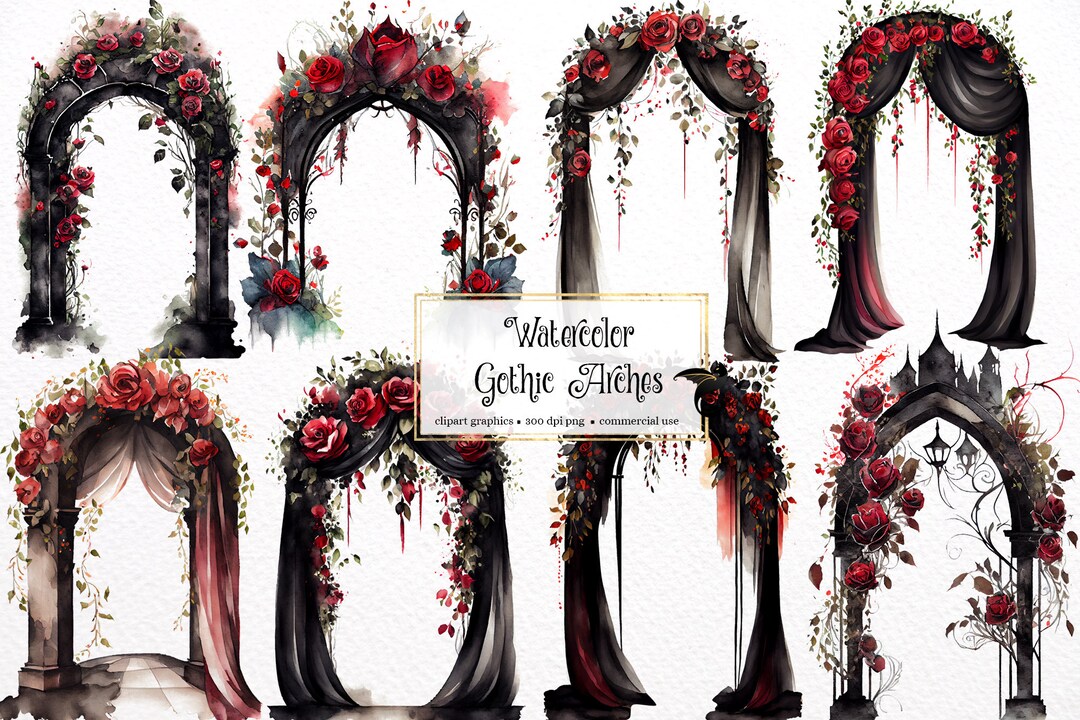 Watercolor Gothic Arches Clipart - Vampire Floral Wedding Arch PNG ...
