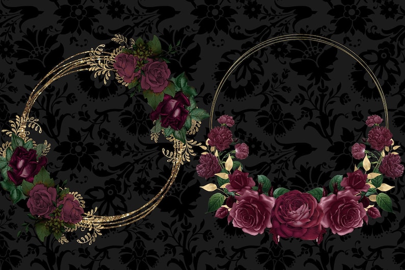 Burgundy and Gold Wreaths Clipart Burgundy Rose Wreath Clip | Etsy