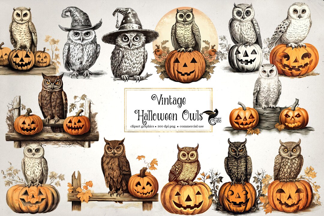 Vintage Halloween Owls Clipart, Antique Halloween Clip Art Graphics ...