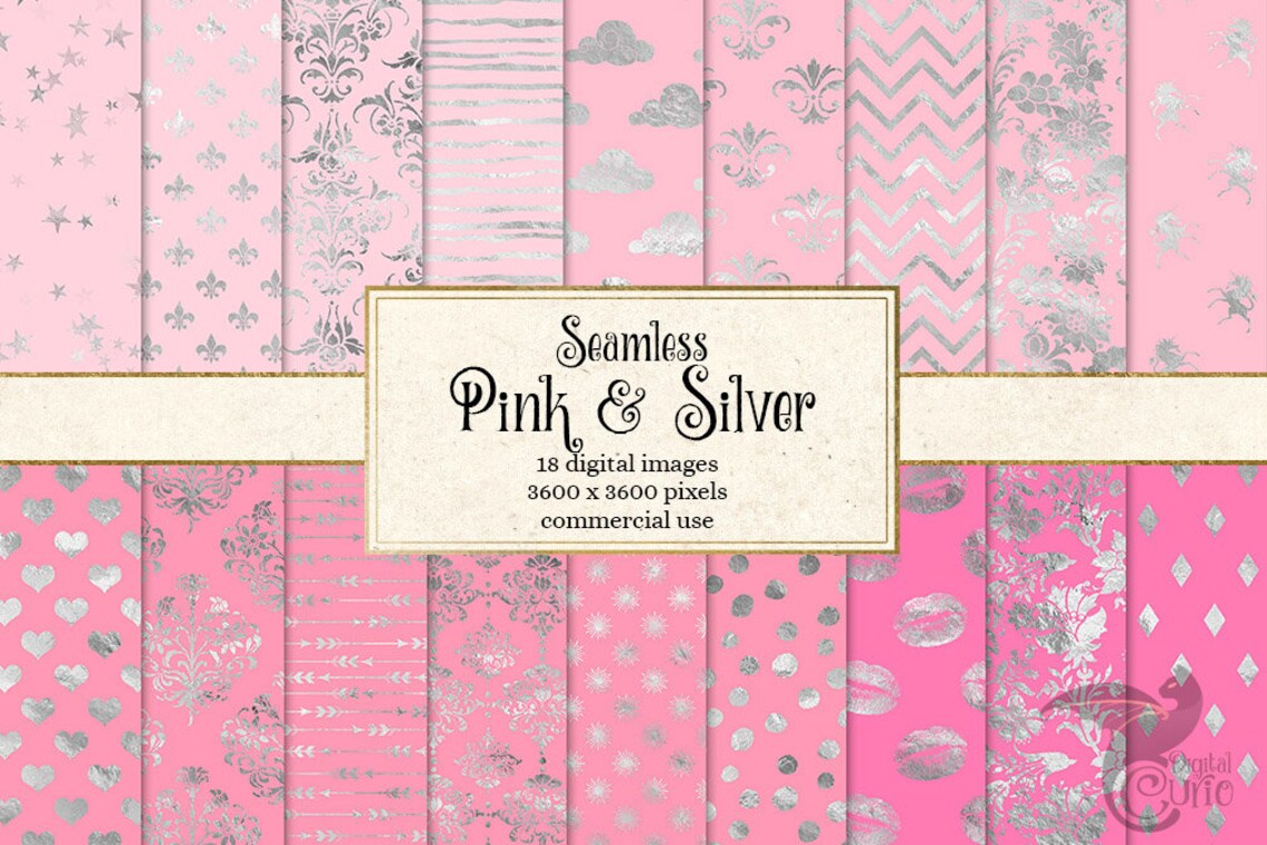 Pink and Silver Digital Paper Seamless Silver Foil Baby | Etsy