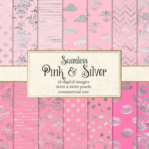 Pink and Silver Digital Paper, Seamless Silver Foil Baby Shower Pink ...