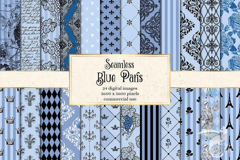 Blue Paris Digital Paper Seamless French Patterns With | Etsy