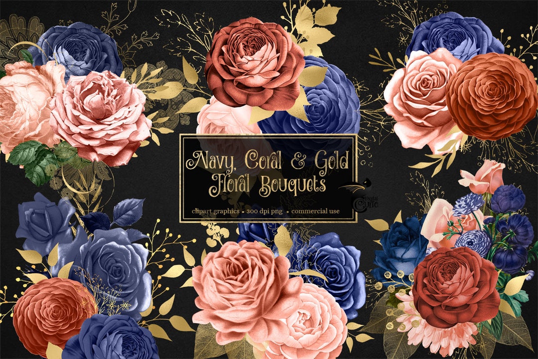 Coral Navy Gold Floral Bouquets Clipart, Digital Instant Download ...
